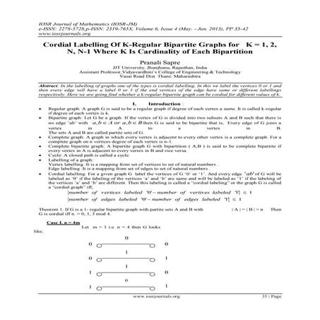 Cordial Labelling Of K-Regular Bipartite Graphs for K = 1, 2, N, N-1 Where K Is Cardinality of ...