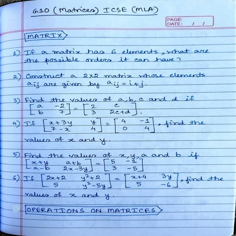 ICSE Grade 10 Mathematics Matrices Worksheet (MLA) | PDF