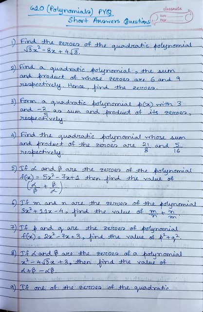 CBSE Grade 10 Ch 2 Polynomials Previous 20 Years Board Exam Questions ...