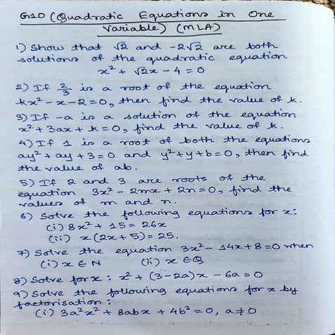 ICSE Grade 10 Mathematics Quadratic Equations in One Variable Worksheet (MLA) | PDF