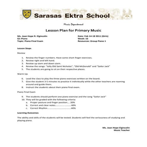 Grade 1 Music Lesson Plan Wk 1-16 | DOCX | Music | Entertainment