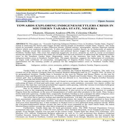 TOWARDS EXPLORING INDIGENES/SETTLERS CRISIS IN SOUTHERN TARABA STATE ...