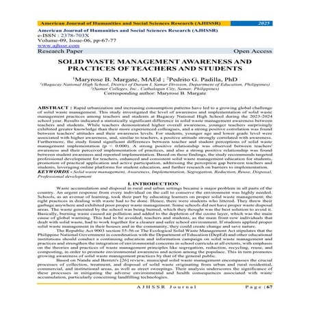 SOLID WASTE MANAGEMENT AWARENESS AND PRACTICES OF TEACHERS AND STUDENTS ...