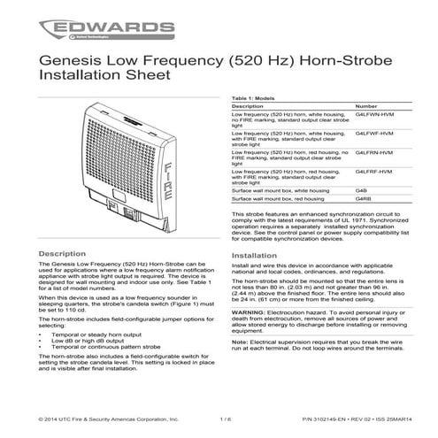 Edwards Signaling G4LFWN-HVM Installation Manual | PDF