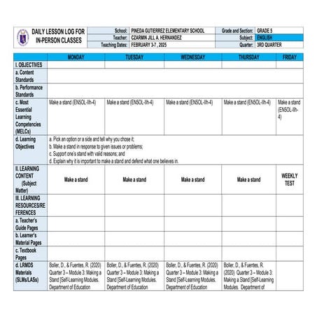 G5 Q3W7 DLL ENGLISH (MELCs) LESSON PLAN ENGLISH | DOCX