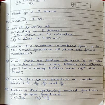 CBSE Grade 6 Mathematics Fractions Worksheet (MK) | PDF