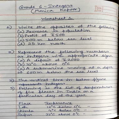 CBSE Grade 6 Mathematics Integers Worksheet (MK) | PDF