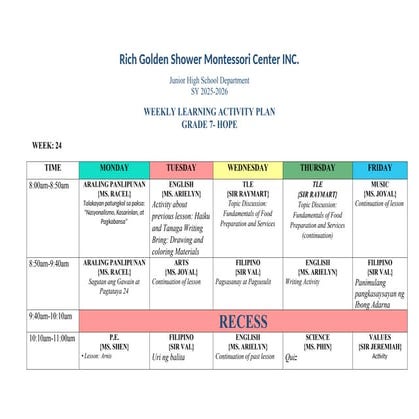 Grade 7 Weekly Learning Activity Plan for Junior High School SY 2025 ...