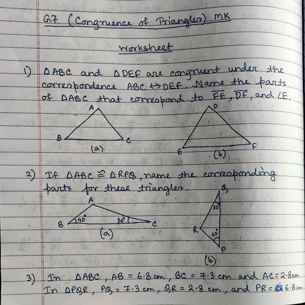 CBSE Grade 7 Mathematics Congruence of Triangles Worksheet (MK) | PDF