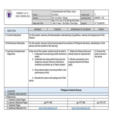 G7_DLL_MAPEH_PE_4th quarter.docx detailed | DOCX
