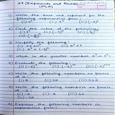 ICSE Grade 7 Mathematics Exponents and Powers Worksheet (MLA) | PDF