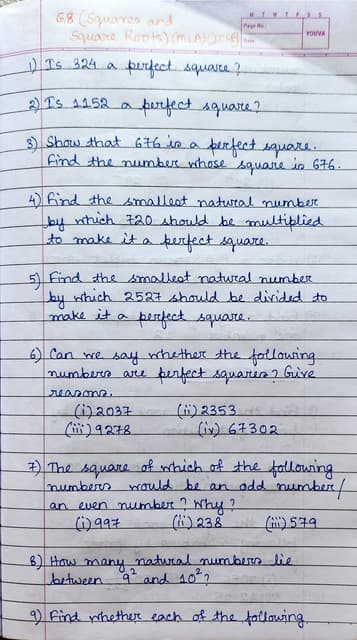 Grade 8 - CBSE - Square and Square Roots - Worksheet (MK) | PDF