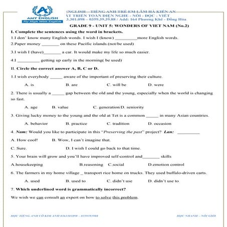 G9-U5-BT2 Bài tập luyện tập tiếng anh 9 | PDF