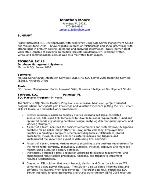 Sql Ssis Ssrs Developer Resume