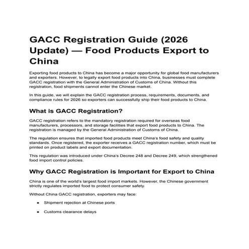 GACC Registration Guide (2026 Update) — Food Products Export to China | PDF