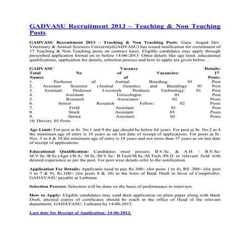 Gadvasu recruitment 2013 – teaching & non teaching posts | DOCX