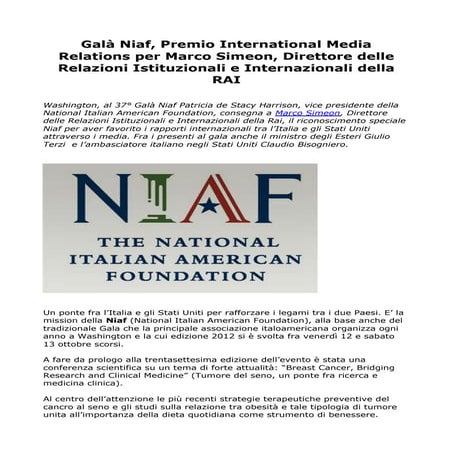 Marco Simeon (Rai), Riconoscimento Speciale al 37° Galà Niaf | PDF