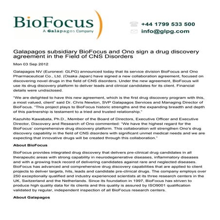 Galapagos Subsidiary BioFocus And Ono Sign A Drug Discovery Agreement In The Field Of CNS ...
