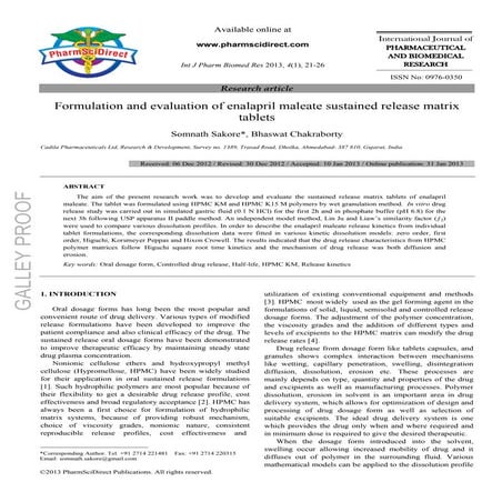 Formulation and Evaluation of Enalapril Maleate SR Matrix Tablets | PDF ...