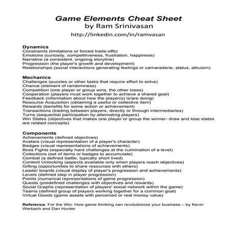 Game Elements Cheat Sheet Pdf 