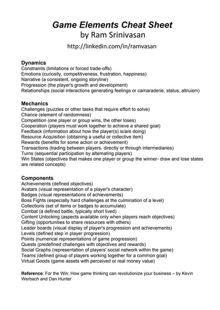 Game Elements Cheat Sheet Pdf