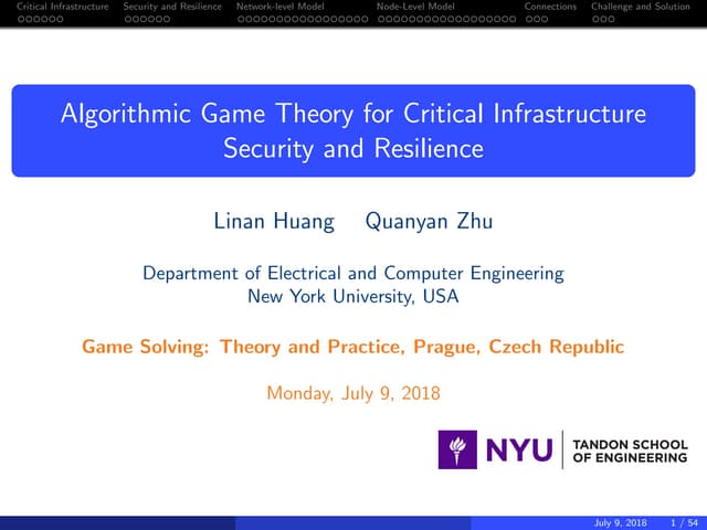 Algorithmic Game Theory For Critical Infrastructure Security And Resilience Ppt