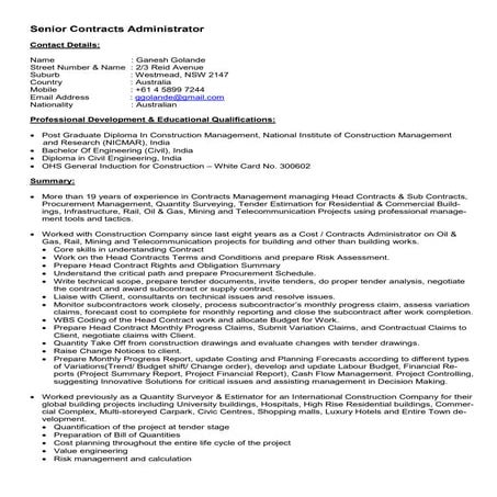 Ganesh Golande-CV-Senior Contracts Administrator | PDF