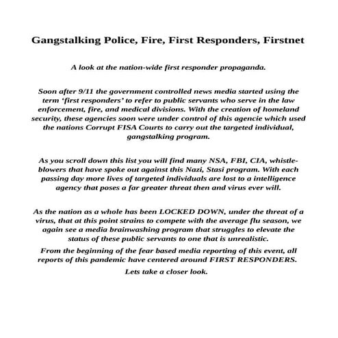 Gangstalking police, fire, first responders, firstnet and covid 19 | PDF