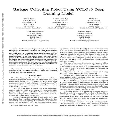 Garbage Collecting Robot Using Yolov3 Deep Learning Model 1 Pdf