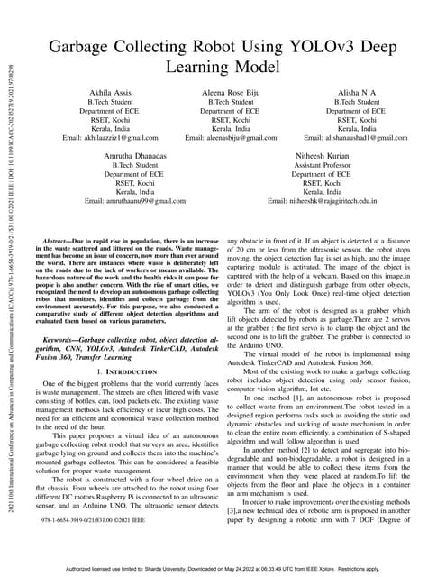 Garbage Collecting Robot Using Yolov3 Deep Learning Model 1 Pdf