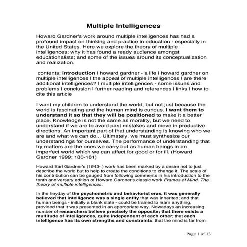 Gardner Multiple Intelligences | PDF