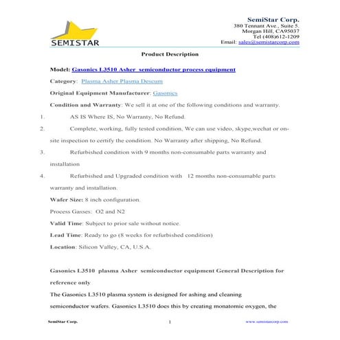 Gasonics l3510 plasma asher plasma descum semiconductor process ...