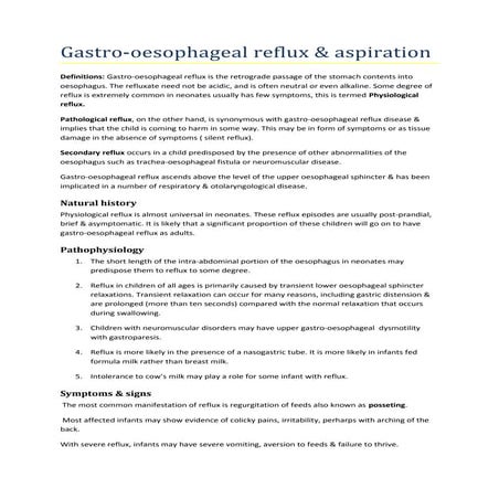 Gastro oesophageal reflux & aspiration | PDF