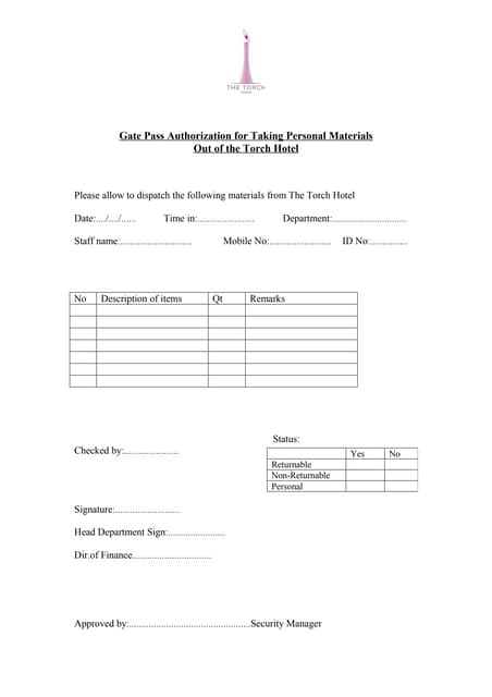 Gate pass authorization for taking out material for outsiders | DOC