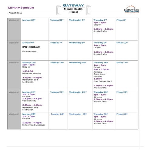 Gateway august 2012 shedule | PDF
