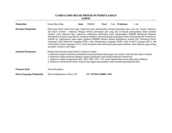 Rancangan Pembelajaran Semester Sistem Basis Data | PPT