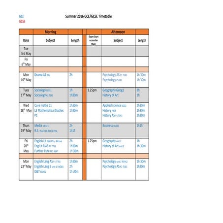 GCE Summer exam timetable | PPT