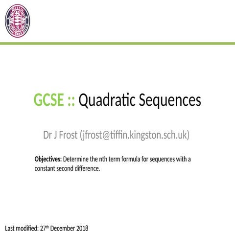 GCSEand IGCSE Quadratic Sequences powerpoint | PPT