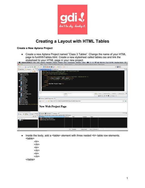 Class 3 Intro To Html Css Gdi Cincinnati Create A Table Layout With Html Aptana Pdf