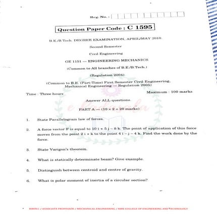 Ge 1151 engineering mechanics anna university april may 2010 - solved university question paper ...