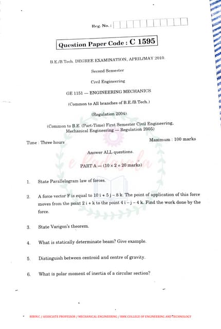 Me 1206 engineering mechanics anna university april may 2010 - solved ...