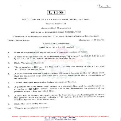 Ge 1151 engineering mechanics anna university may june 2006 - solved ...