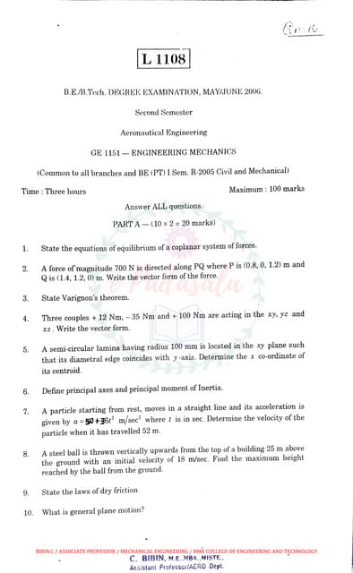 Mv 305 engineering mechanics anna university april may 2004 - solved ...