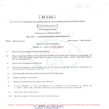Ge 1151 engineering mechanics anna university november december 2005 ...