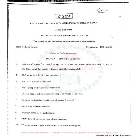 Ge 131 engineering mechanics anna university april may 2004 - solved university question paper | PDF