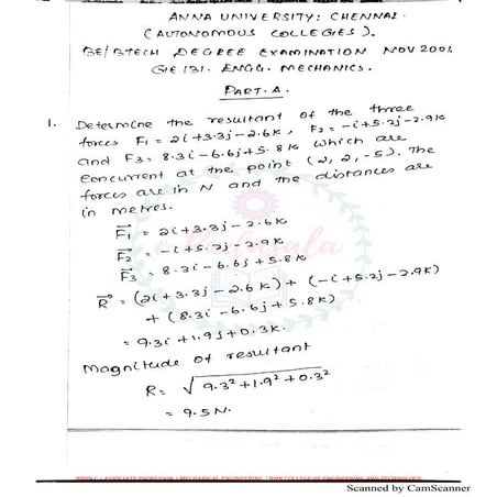 Ge 131 engineering mechanics anna university november december 2001 - solved university question ...