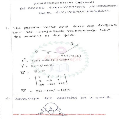 Ge 131 engineering mechanics anna university november december 2002 - solved university question ...