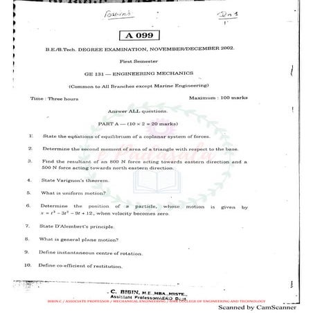 Ge 131 engineering mechanics anna university november december 2002 ...