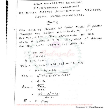 Ge 131 engineering mechanics (a) anna university november december 2002 - solved university ...