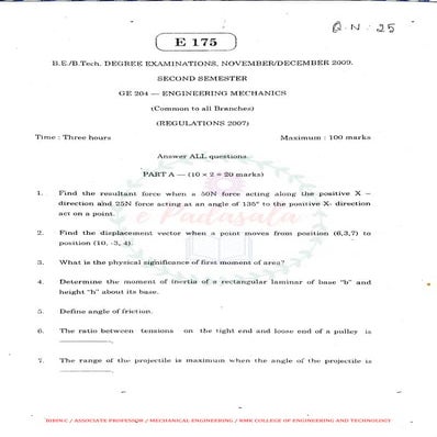 Ge 204 engineering mechanics anna university novemver december 2009 - solved university question ...